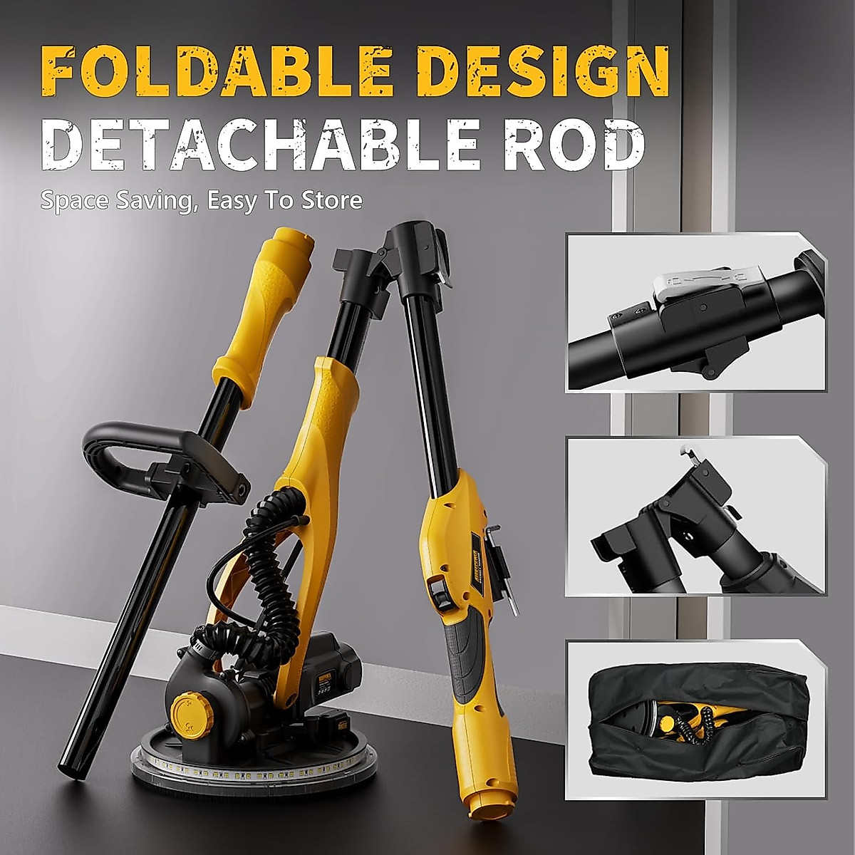 ALLOYPOWER Drywall Sander, 1050W Electric Drywall Sander with Vacuum Dust Collection, 6 Variable Speed 2100RPM,Double-Deck LED Light, Foldable & Extendable Handle, Dust Bag and Hose