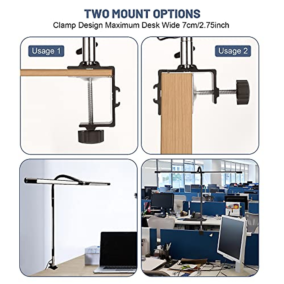 DELIZIO Desk Lamp 34.25in, Architect Lamp for Home Office, 21W Clamp Lamp ,3 Color Modes Stepless Dimming, Modern Eye-Caring Office Light ,Three Head Work Lamp with Remote Control Workbench Lamp