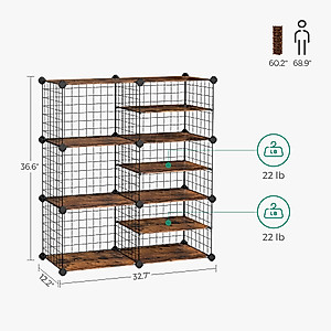 SONGMICS Shoe Rack, 18-Pair Storage Organizer, Portable Cube Shoe Organizer with Plastic Panels, DIY Modular Cabinet with Adjustable shlves, for Closet, Bedroom, Rustic Brown and Black ULPM036A01