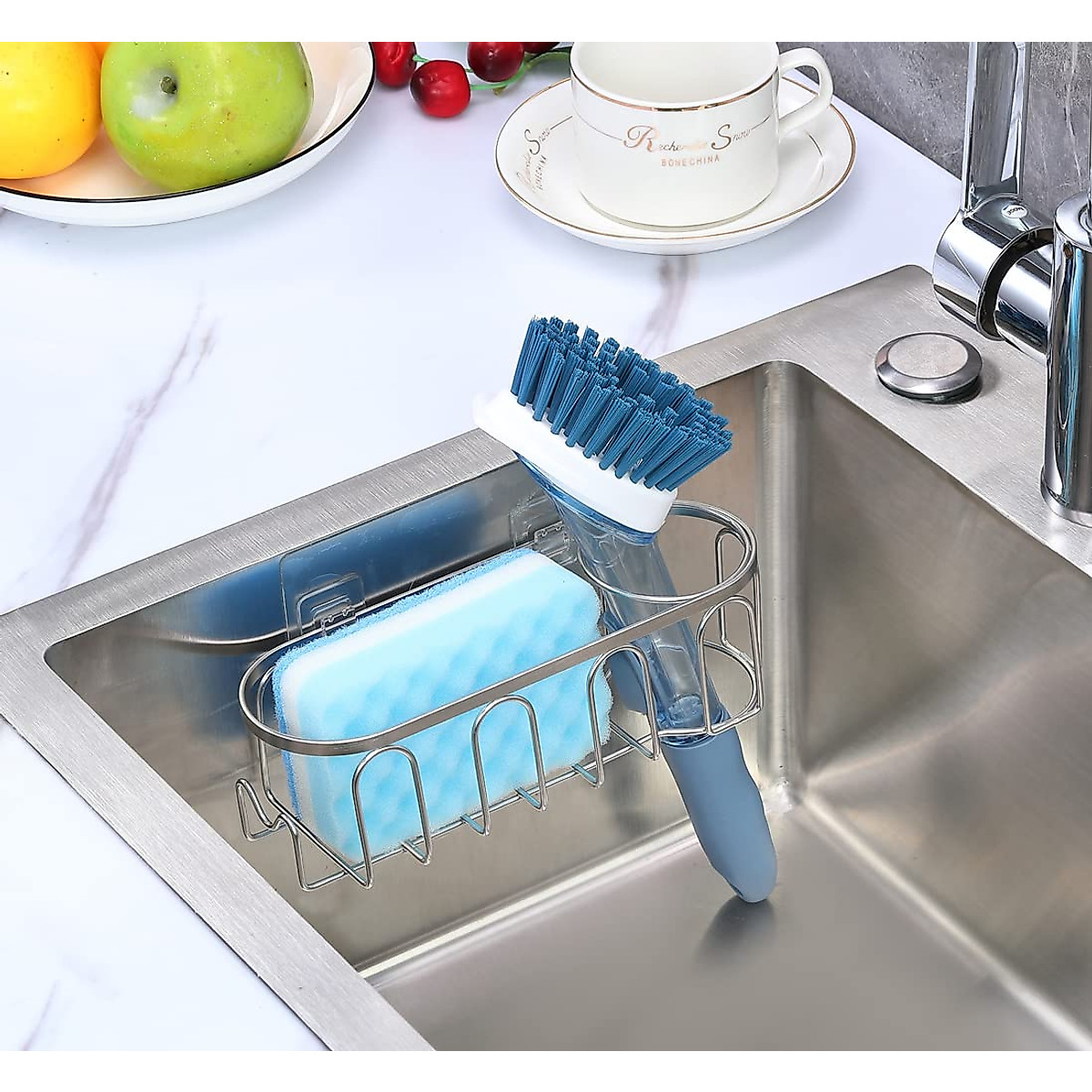 DOLRIS Kitchen Sink Caddy, Sponge Holder for Kitchen Sink, 3 in 1 Adhesive Kitchen Sponge Holder + Brush Holder + Hooks, Kitchen Sink Accessories SUS304 Stainless Steel,Silver