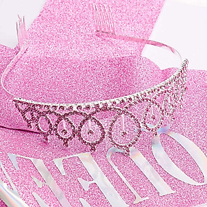 Birthday Crown, Didder Pink Birthday Girl Sash & Rhinestone Tiara Set, Birthday Tiara Birthday Crowns for Women Birthday Sash and Tiaras for Women Girls Birthday Gifts Party Accessories