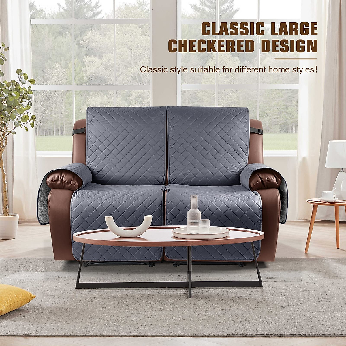 KinCam Waterproof Loveseat Recliner Cover, Reclining Loveseat Covers for 2 Seat, Recliner Sofa Cover Furniture Protector with Elastic Straps for Kids, Pets, Gray