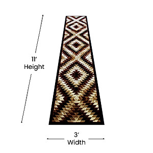 EMMA + OLIVER Olefin Accent Rug - Distressed Southwestern Diamond Motif in Brown, Beige, White & Black - 2x11 - Plush Pile - Jute Backing