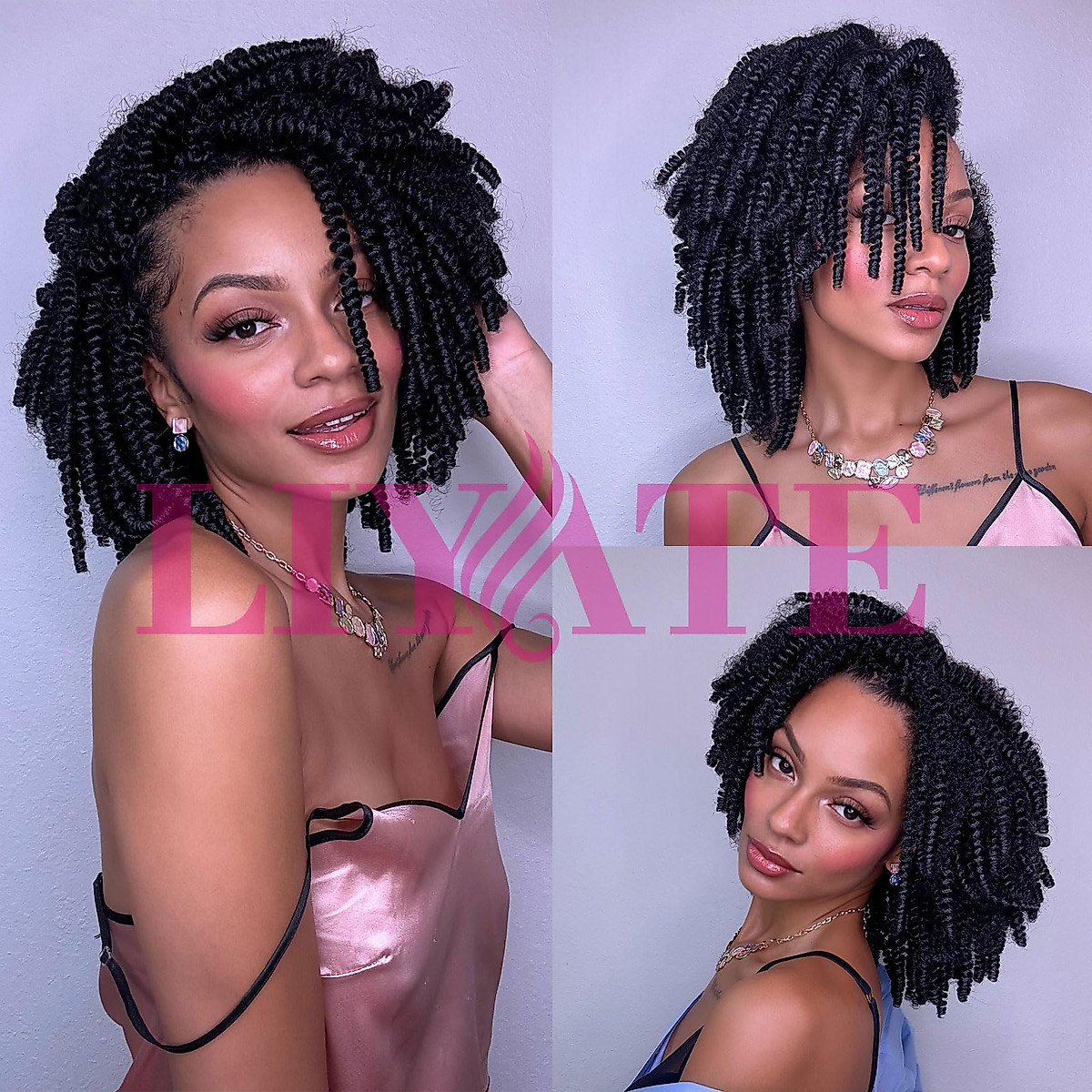 Spring Twist Hair - 8 Inch 6 Packs Spring Twists Crochet Hair for Women Black Synthetic Braiding Hair Low Temperature Fluffy Bomb Twist Hair Extensions, 1B