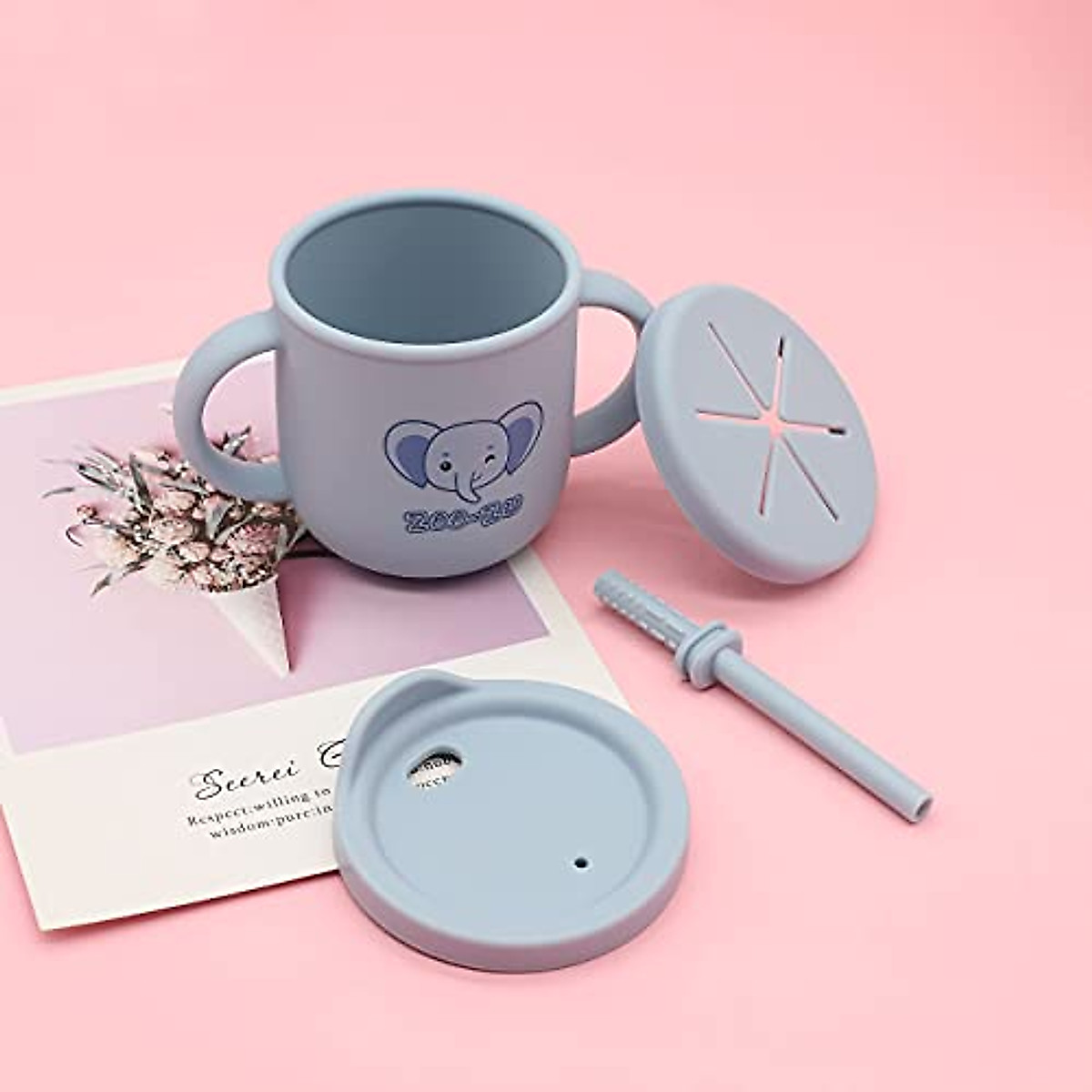 ZOO-ZU Silicone Sippy Cup for toddlers with straw & snack cup No Spill for babies BPA-FREE 9 OZ (Dusty Blue Elephant)