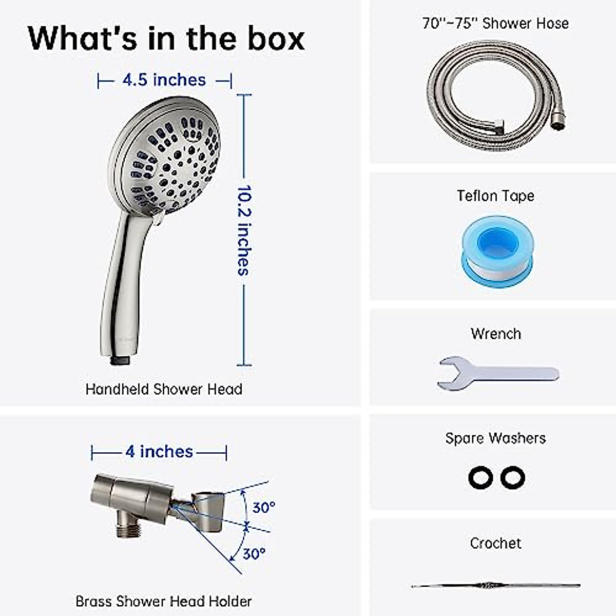 G-Promise High Pressure Shower Head 6 Spray Setting Hand Held Shower Heads with Adjustable Solid Brass Shower Arm Mount Extra Long Flexible Stainless Steel Hose(Brushed Nickel)