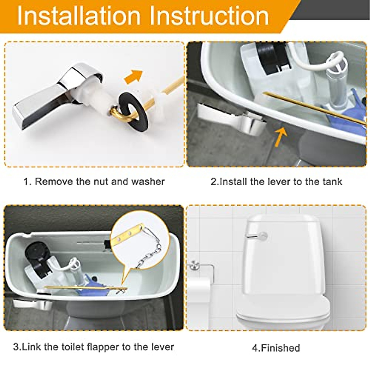 Hibbent Universal Front Mount Toilet Handle Tank Flush Lever Replacement Handle with Stainless Steel Flapper Chains for Most Front Mount Toilets- Chrome Finish Toilet Handle