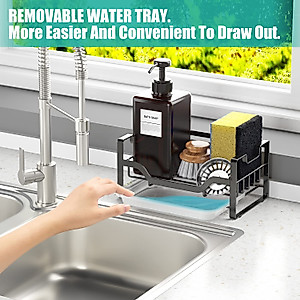 Dish Sponge Holder for Kitchen Sink, Black Kitchen Sink Organizer Dish Racks, Stainless Steel Kitchen Sink Caddy for Countertop, Brush Kitchen Sink Sponge Holder Storage with Drain Tray