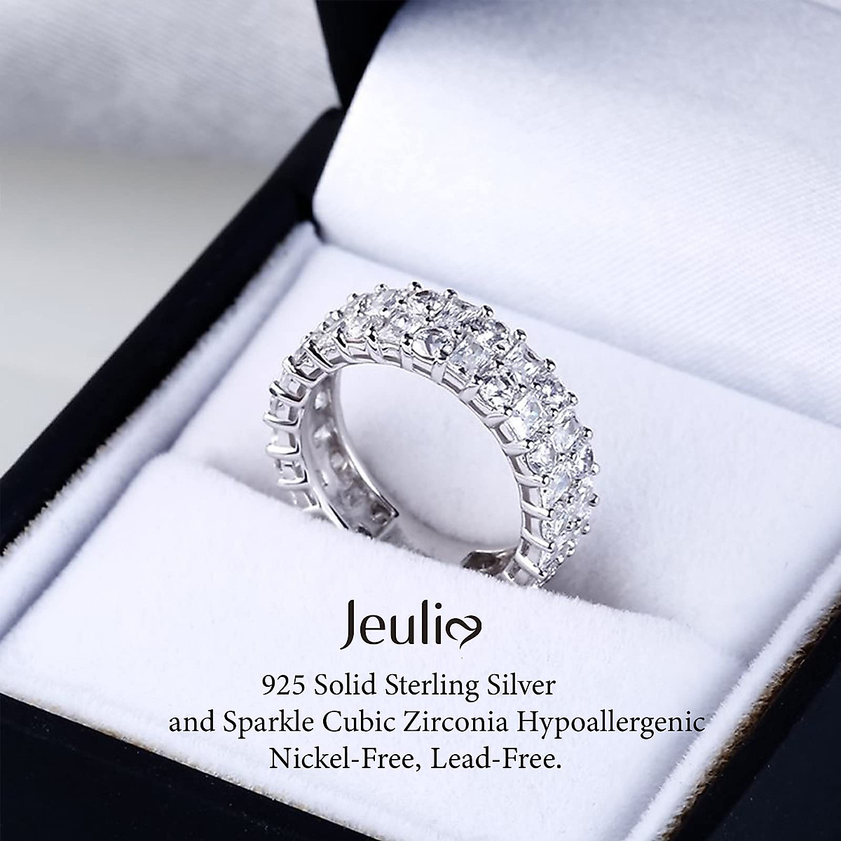 Jeulia Round Cut Sterling Silver Eternity Ring for Women All-Around Band Stacking Ring Set Diamond Engagement Wedding Band Ring with Jewelry Gift Box (White, 7)