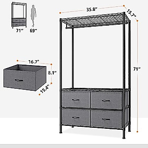 Raybee Clothes Rack, Clothing Racks for Hanging Clothes Rack Heavy Duty Clothing Rack Adjustable Clothes Racks for Hanging Clothes Metal Wire Garment Rack with 4 Fabric Drawers Portable Closet,Black