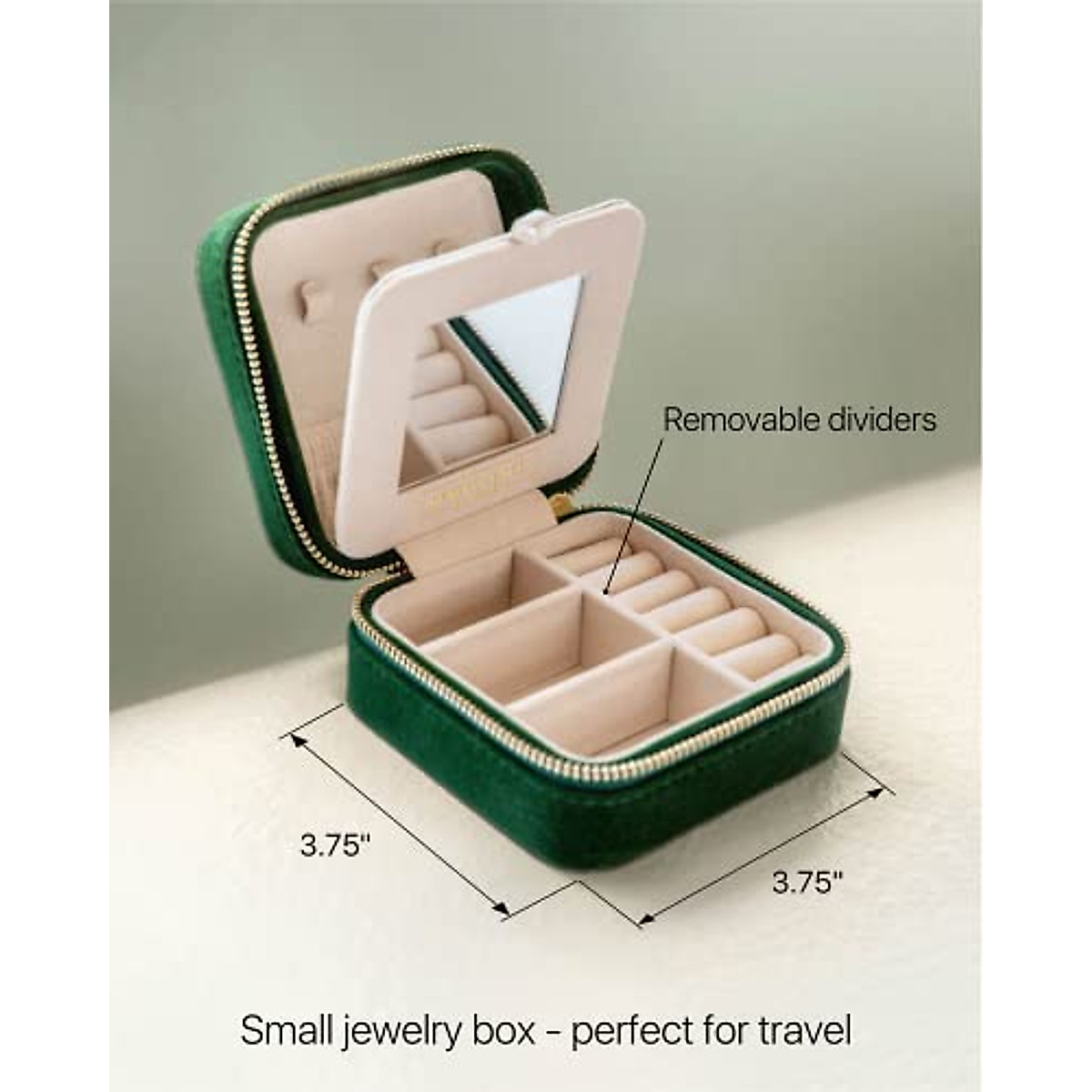Plush Velvet Travel Jewelry Box Organizer | Travel Jewelry Case, Jewelry Travel Organizer | Small Jewelry Box for Women, Jewelry Travel Case | Earring Organizer with Mirror - Emerald Velvet