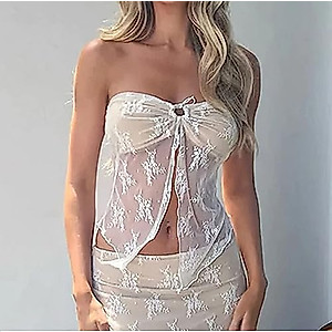 WPNAKS Women's Strapless Tube Top Y2k Going Out Bandeau Crop Tops Sleeveless Cami Shirt Off Shoulder Vest Tank,Lace a White