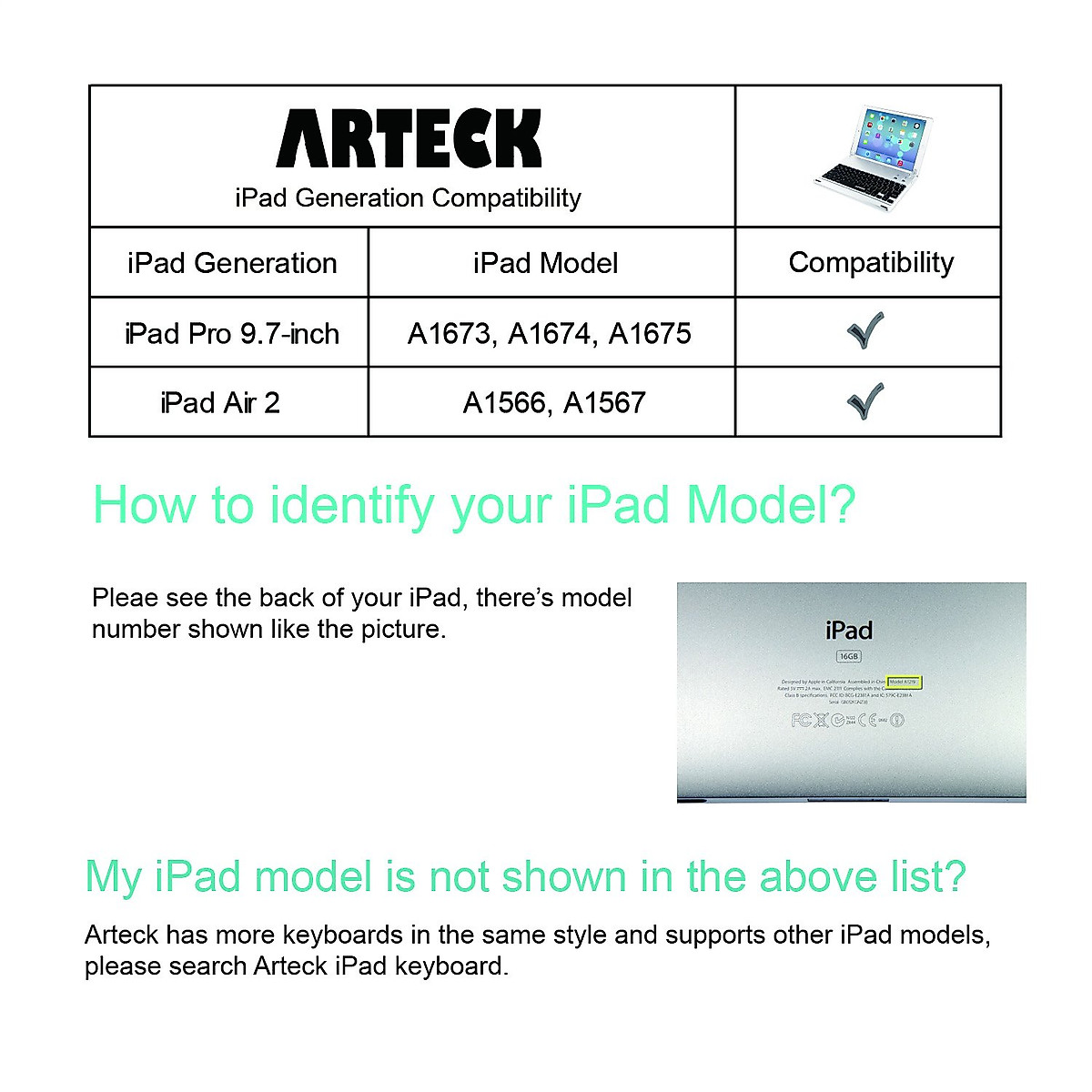 Arteck Ultra-Thin Apple iPad Air 2/9.7-inch iPad Pro Bluetooth Keyboard Folio Stand with Built-in Stand Groove for Apple iPad Air 2 with 130 Degree Swivel Rotating-Silver