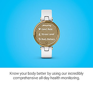 Garmin Lily™, Small Smartwatch with Touchscreen and Patterned Lens, Light Gold with White Leather Band