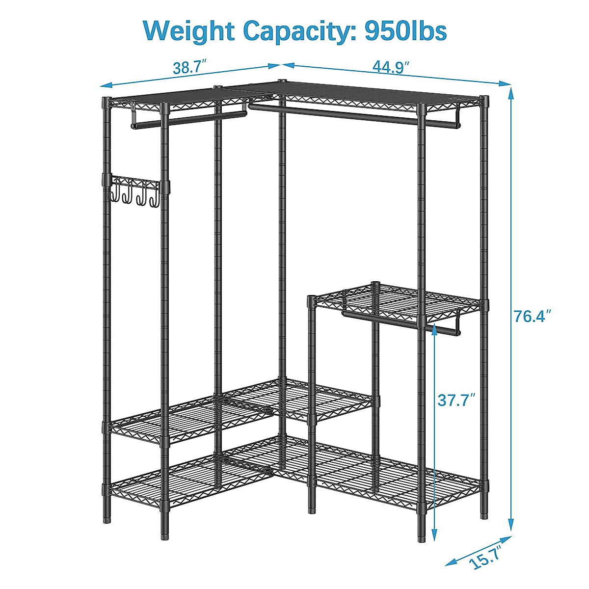 VIPEK L3 Clothing Rack, L Shaped Heavy Duty Garment Rack for Hanging Clothes, Corner Clothes Rack, Freestanding Closet System with Adjustable Shelves & Hang Rods & Side Hooks, Max Load 950lbs, Black