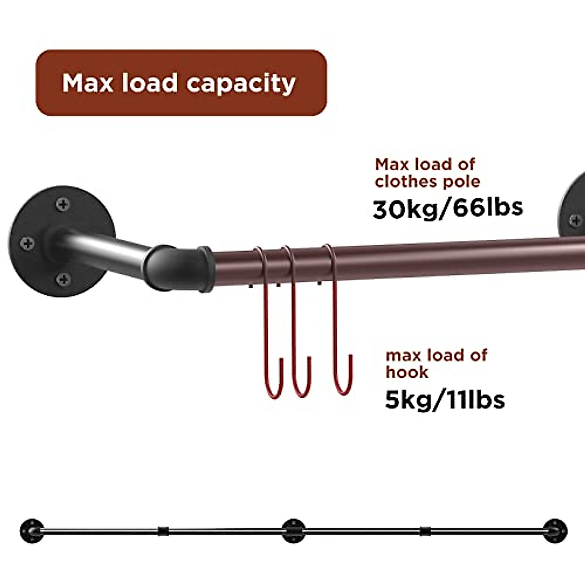 MOUTIK Industrial Pipe Clothes Hanging Rack: Wall Mounted Iron Clothing Storage Hanger Rod - Heavy Duty Multi-Purpose Metal Garment Bar for Closet Laundry Room Black