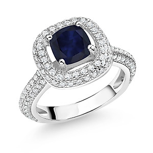 Gem Stone King 925 Sterling Silver Blue Sapphire and White Moissanite Engagement Ring For Women (1.93 Cttw, Cushion 6MM, Gemstone September Birthstone, Available In Size 5, 6, 7, 8, 9)