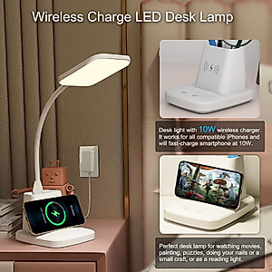 LED Desk Lamp with Wireless Charger, Sailstar White Desk Light with Pen Holder, 3 Color Modes with Stepless Dimming, CRI 85, 800 Lumen, Study Lamps for College Dorm Room, Home Office, Adapter Included