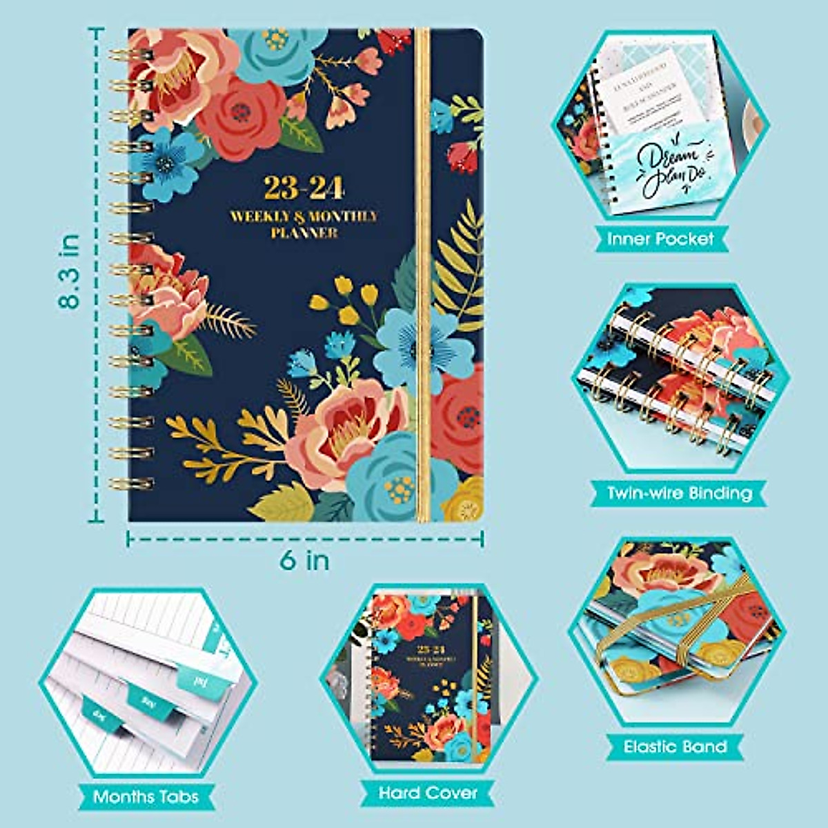 Planner 2023-2024 - Weekly Planner 2023-2024 from July 2023 to June 2024, Weekly Monthly Planner 2024, 6" x 8.3", 2023-2024 Planner with Inner Pocket and 12 Monthly Tabs