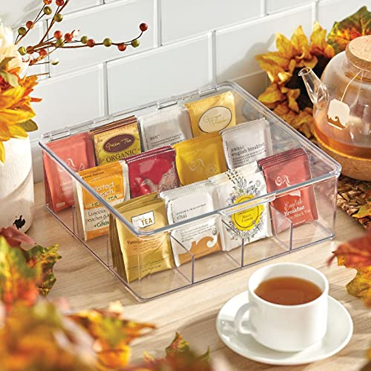 mDesign Plastic Stackable Tea Bag Organizer Storage Bin with Lid for Kitchen Cabinets, Countertops, Pantry - Container Holds Beverage Bags, Cups, Pods, Packets, Condiment Accessories - Clear