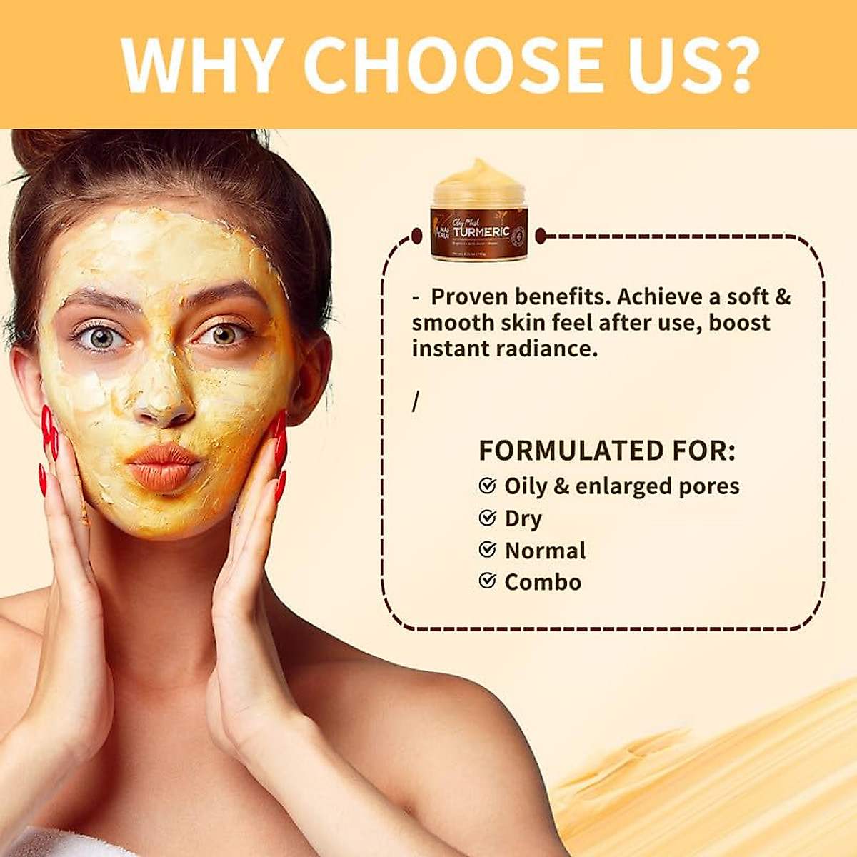 ANAI RUI Turmeric Clay Mask, Vitamin C Facial Mask with Turmeric & Kaolin Clay, Cleasning Mask for Acne, Pores, Radiant & Smooth Skin, 6.35 oz