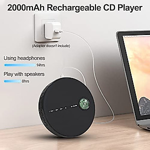 WOKALON CD Player Portable, Rechargeable Portable CD Player with Bluetooth, Anti-Skip Walkman CD Player with Dual Stereo Speakers, Headphones and AUX Cable, Discman CD Player for Car, 2000mAh Battery