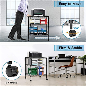 HUANUO Printer Stand, 3 Tier Printer Cart for Storage, Printer Table Holds up to 200lbs, Multifunctional Metal Utility Shelves, Workspace Desk Organizer, Rolling Cart for Home & Office Use, HNPS01