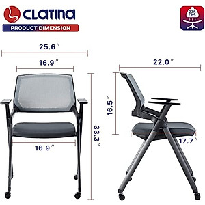 CLATINA Rolling Conference Room Chairs Set of 8, Folding Stackable Office Guest Reception Chairs with Armrests and Wheels, Mesh Waiting Room Chairs for Office, Meeting, Lobby, Church, Grey