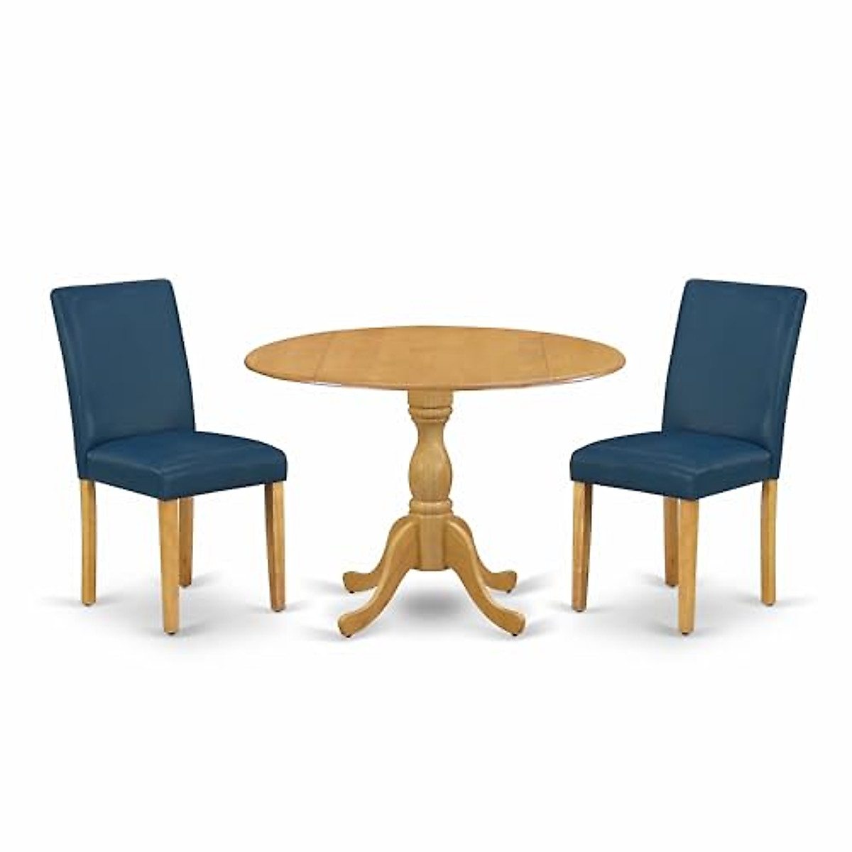 East West Furniture DMAB3-OAK-55 3 Piece Dining Table Set Contains a Round Dining Room Table with Dropleaf and 2 Oasis Blue Faux Leather Parsons Chairs, 42x42 Inch, Oak