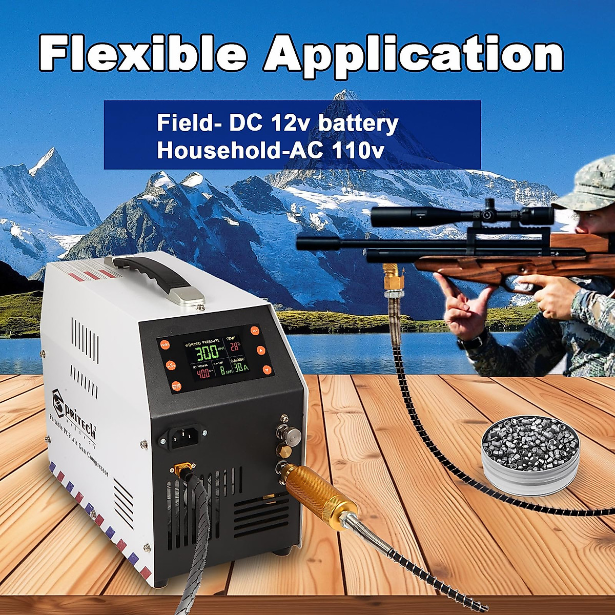 PCP Air Compressor,LCD Display Version Auto-shutoff 4500Psi/30Mpa Oil/Water-Free Set-pressure Paintball Tank Pump with Water/Oil Separator,Built-in Power Adapter