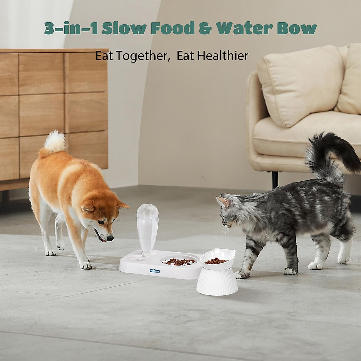 Nobleza 3-in-1 Slow Pet Feeder Bowl Bottle Set, Automatic Pet Dispenser Treat Food & Water Bowl with 15° No Spill Tilted Raised Bowl for Cat Dog Small Medium Pet Kitten Puppy Bunny Healthy Food Water