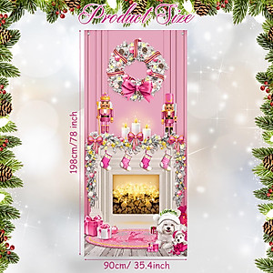 Buryeah Christmas Door Cover Decoration Christmas Fireplace Door Cover Xmas Nutcracker Banner Backdrop Photo Booth Prop Background for Holiday New Year Door Party Supplies 6.5 x 3 Feet (Pink Style)