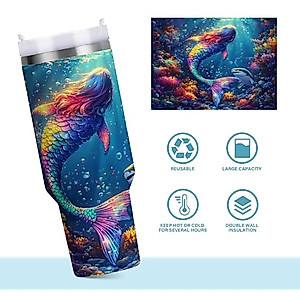 Slewiaeky Tumbler with Handle 40 oz Colorful Ocean Mermaid Shark Travel Mug with Lid and Straw Stainless Steel Vacuum Insulated Water Bottle Cup for Iced Tea Coffee Cold Beverages Cup Holder Friendly