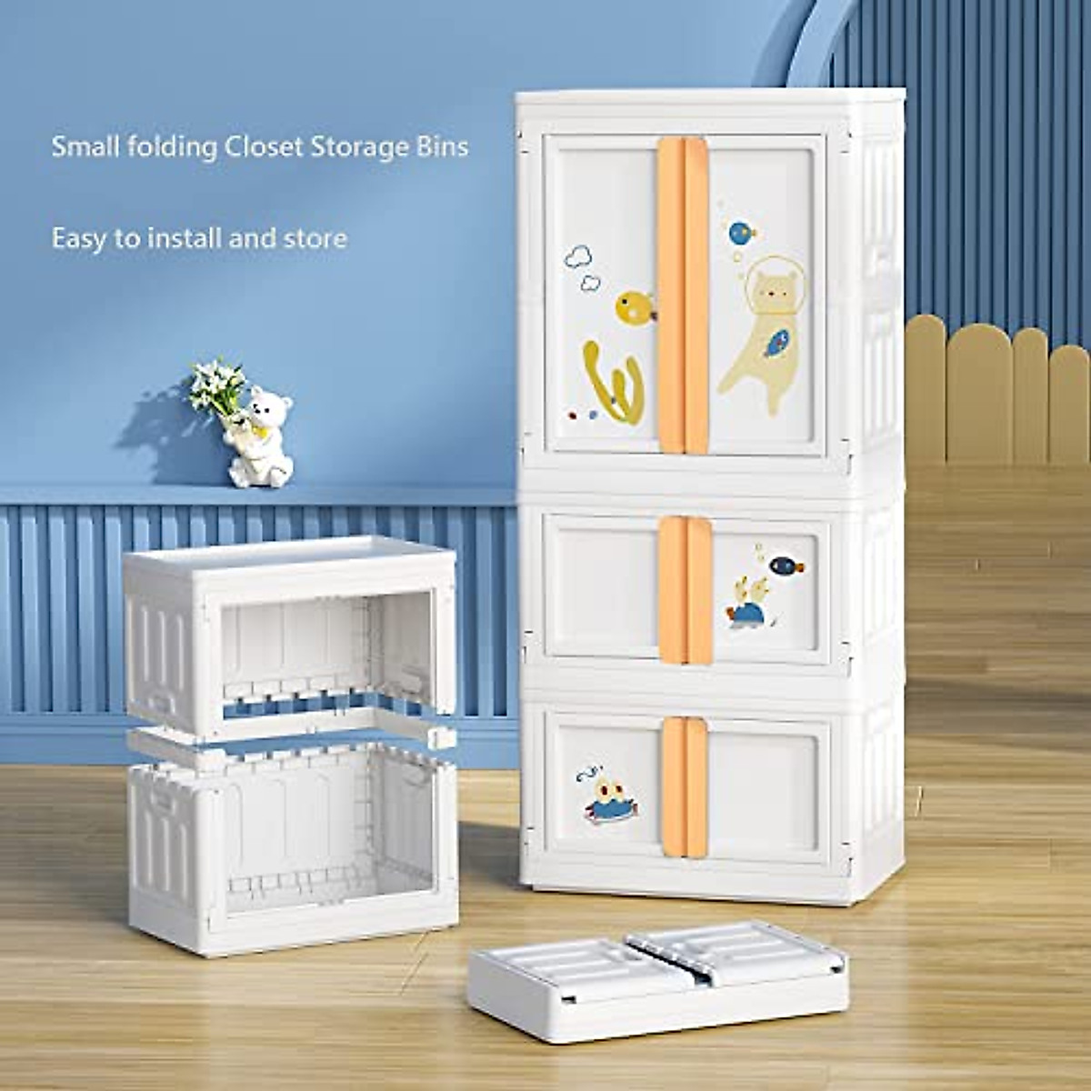 Storage Bins with Lids - Collapsible Storage Bins with Adjustable Shelf and Hanging Rod, Portable Closet Storage Cabinet with Wheels, Stackable Storage Bins for Bedroom Clothes Storage Organizer