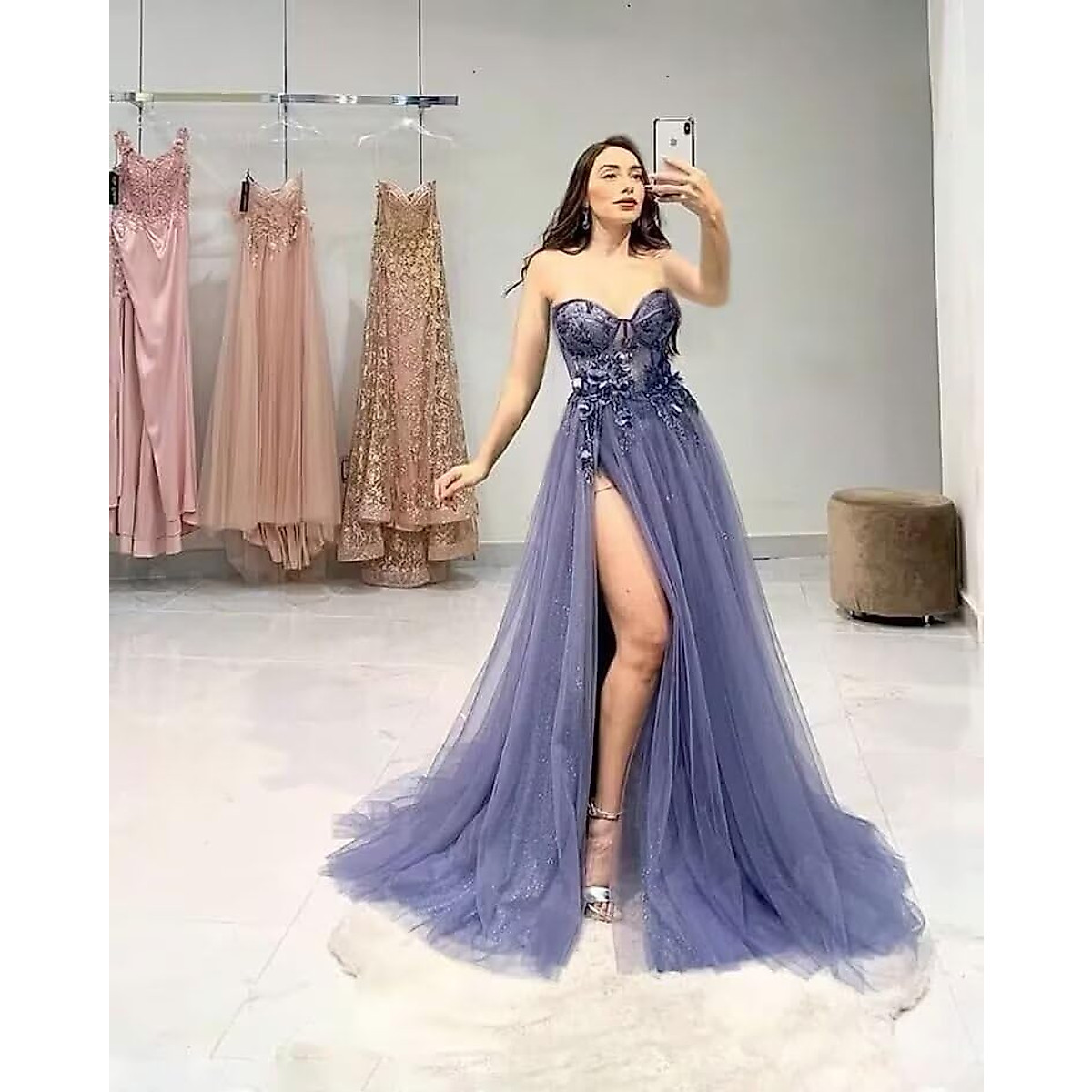 CWOAPO 3D Appliques Teen Girl Prom Dresses Plus Size Birthday Dress for Women Dexy Glitter Tulle Ball Gown with Slit Blue Dress for Wedding Guest US24W