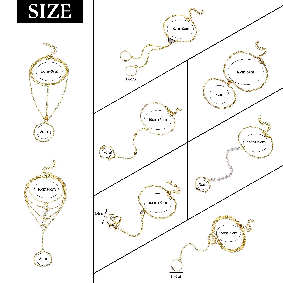 Sanfenly 8 Pieces Finger Ring Bracelets Hand Harness Chain Bracelet Gold Rhinestone Vintage Adjustable Slave Chain Ring Bracelet for Women Hand Jewelry