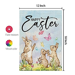 CROWNED BEAUTY Happy Easter Bunnies Garden Flag 12X18 Inch Small Double Sided for Outside Burlap Butterflies Yard Holiday Decoration CF759-12