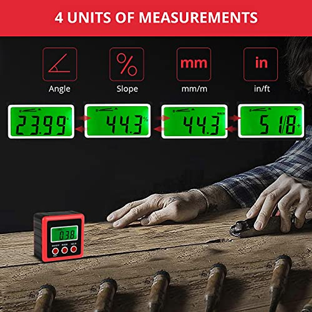 JUSTOOL Digital Angle Gauge Digital Inclinometer Level Box LCD Backlight Angle Finder Tool with Data Hold and Magnet Base Backlight for Carpentry, Building, Masonry, and Automobile