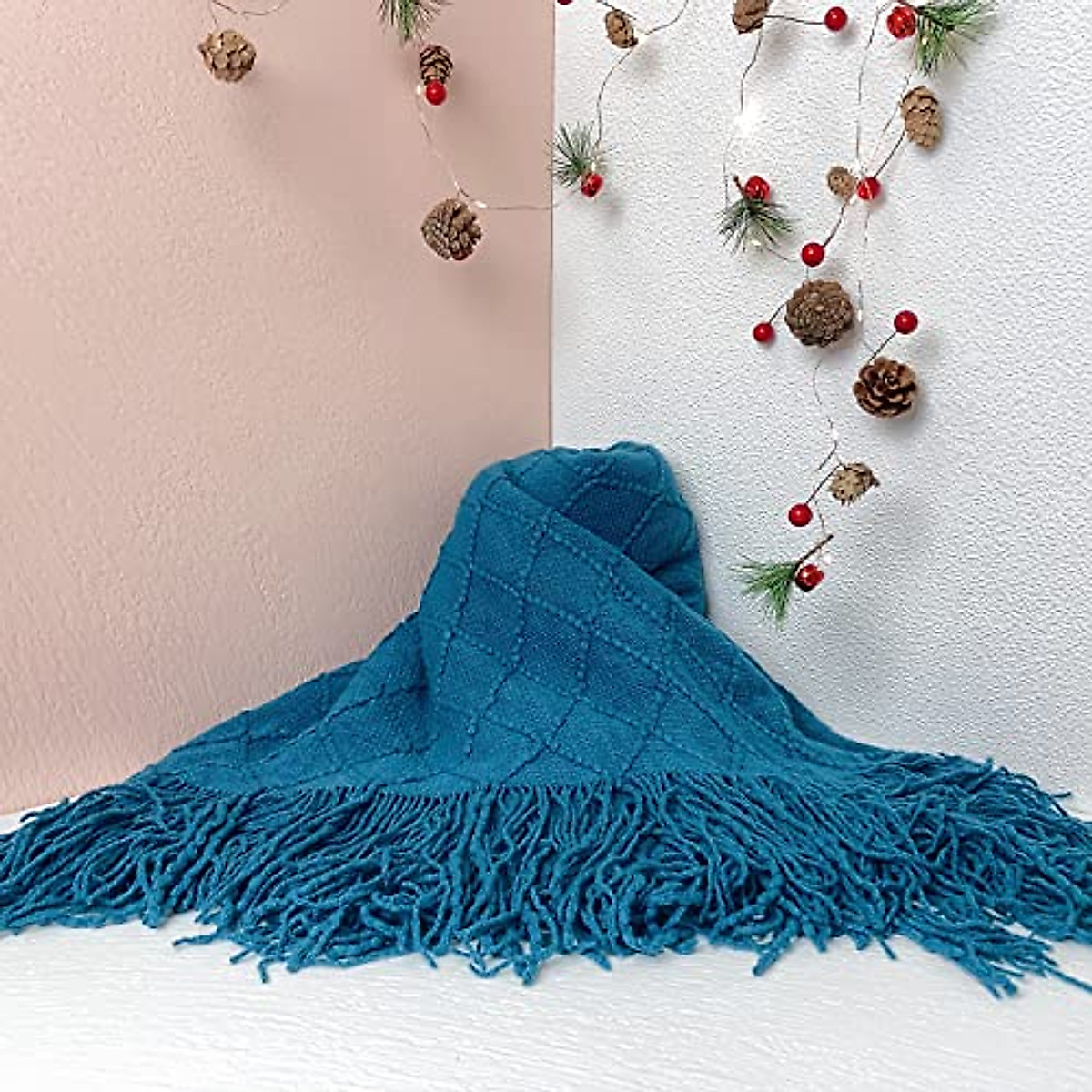 TXDYB 1 Pcs 50"x60" Blue Argyle Design Soft Warm Boho Knitted Throw Blanket with Tassels for Women, Men and Kids. Suitable for Travel Camping Office Hotel,Decoration for Bed, Sofa and Room