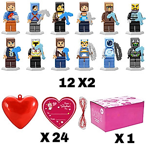 WODMAZ Valentines Day Gifts for Kids, 24 Pack Valentines Day Cards with Building Blocks PreFilled Hearts Box for for Boys Girls School Classroom Gift Exchange, Valentines Party Favors