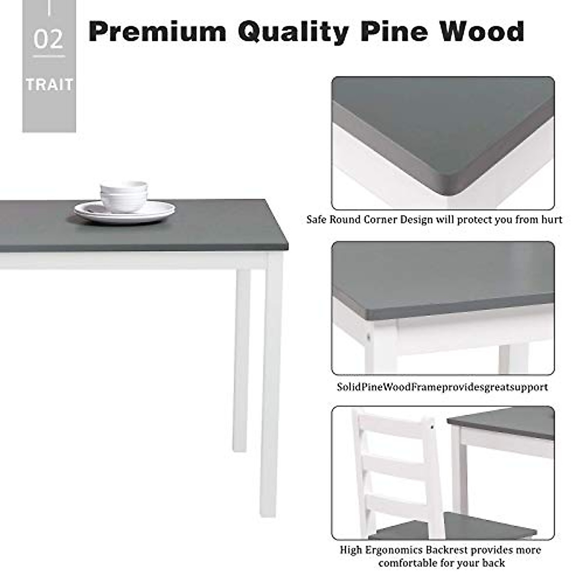 Solid Wood 4 PC Dining Table and Chair Set, Bench, Rectangular, Modern Farmhouse Dinette Table Set for Kitchen, Dining Room, Easy Assembly