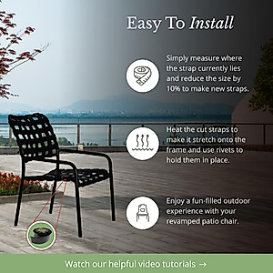 1.5" Wide x 20' Roll Vinyl Strap for Patio Chairs, Lawn Furniture, and Deck Chairs, Make Your Own Replacement Straps, Plus 20 Free Fasteners, (Black)