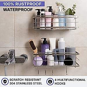 KINCMAX Shower Caddy Basket Shelf Pack of 2 - Adhesive Drill-Free Bathroom Organizer - Shower Storage Shelves for Inside Shower w/Hooks for Accessories (Silver)