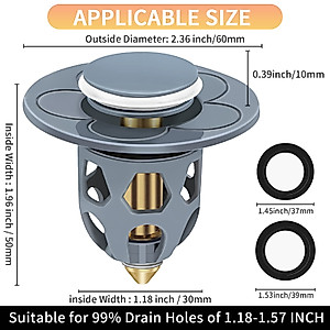 Universal Bathroom Sink Stoppers Fits 1.1"-1.5" Drain Holes, Stainless Steel Bounce Core Anti-Clogging Basin Pop Up Drain Stopper, Bathtub Converter Sink Strainer with Hair Catcher(2-Pack Grey)