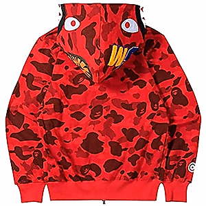 EUDOLAH Shark Hoodie Camo Print Sweater Casual Loose Jacket for Men Women Zip Up 000 Red-a,XX-Large
