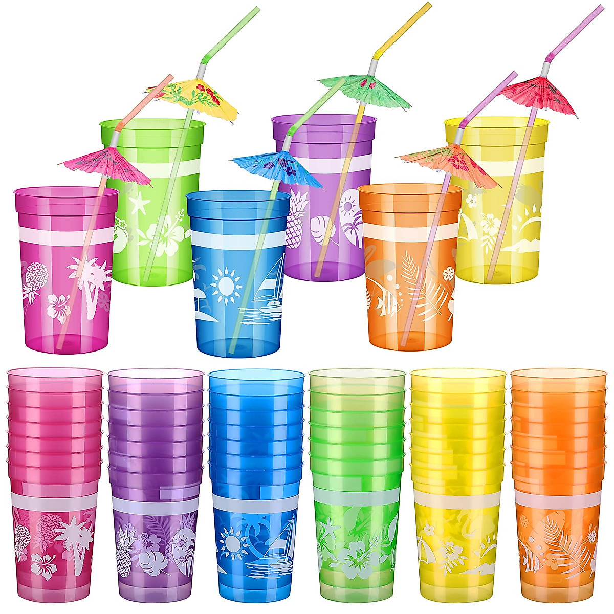 100 Pcs 12 Oz Hawaiian Luau Plastic Party Cups 100 Pcs 9.45 Inch Umbrella Parasol Drinking Straws Umbrella Straws for Cocktail Juice Milkshake Beach Hawaiian Party Luau Summer Decorations Supplies