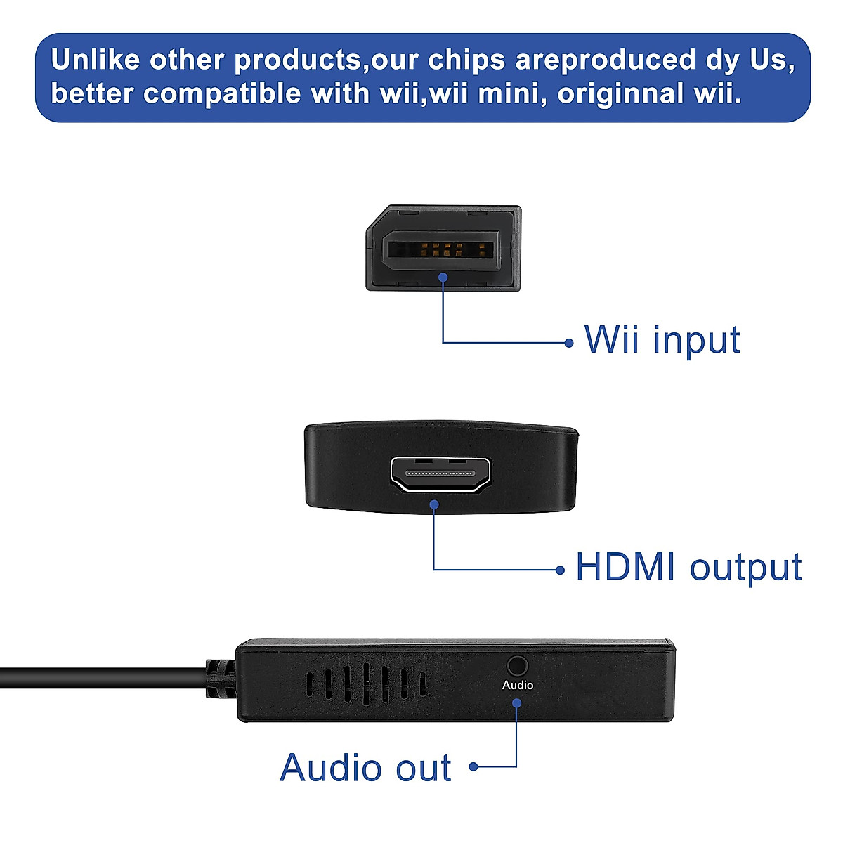 Wii to HDMI Converter, Wii Signal to HDMI Support 720P 1080P 3.5MM Audio Video Output Adapter with 1M HDMI Cable for Nintendo Wii