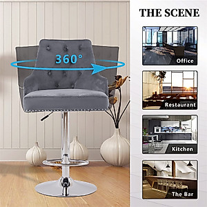 Velvet Bar Stools Chairs Adjustable Height Swivel Bar Stool with Button Tufted Upholstered Barstools Footrest and Back for Counter Kitchen Island Kitchen 2 Pack (Grey)