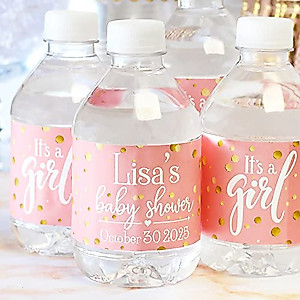 Personalized Pink and Gold It’s a Girl Baby Shower Water Bottle Labels - 24 Stickers