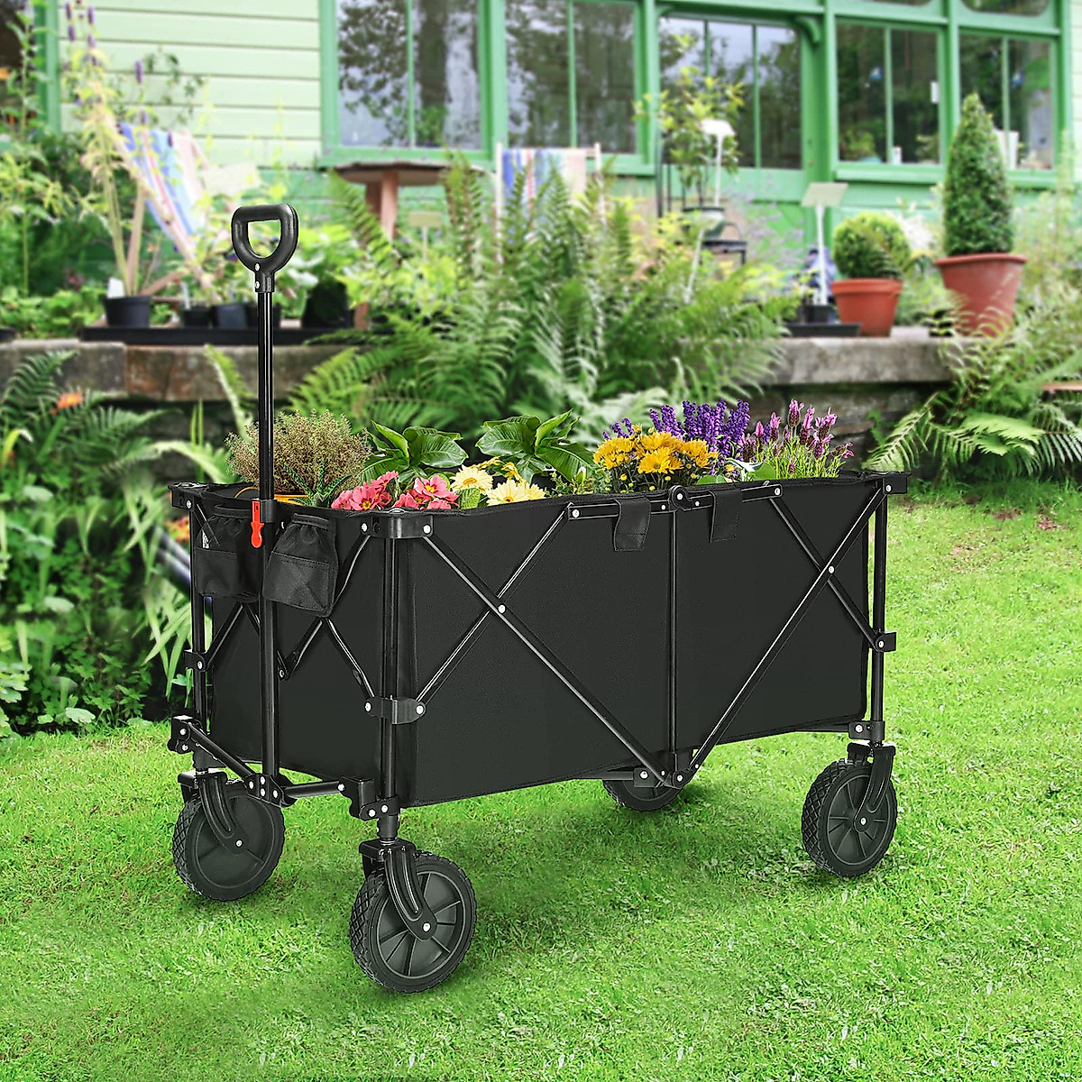S AFSTAR Folding Wagon Cart, Collapsible Garden Wagon w/Adjustable Handle & Universal Wheels, Heavy Duty Folding Utility Cart for Agricultural Material Toy Grocery, Load Capacity up to 180Lbs (Black)